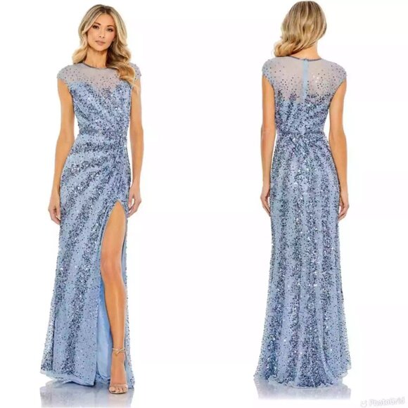 Mac Duggal | Dresses | Mac Duggal French Blue Illusion Neck Sequin Gown ...